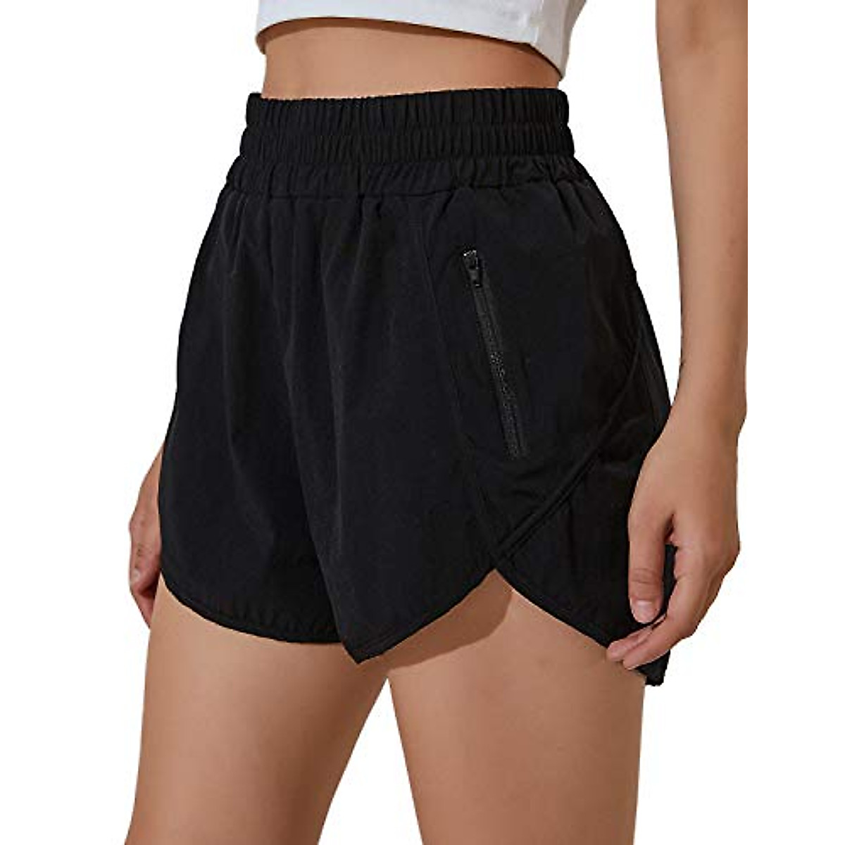 Blooming Jelly Womens High Waisted Running Shorts Athletic Workout Shorts Quick Dry Pants with Zipper Pocket (M,Black)