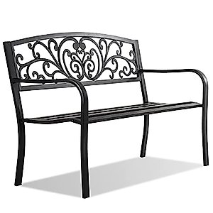 HCY Outdoor Bench, Garden Bench Metal Patio Front Porch Decor Furniture with Backrest Armrests, 50 Inch Slatted Seat for Outdoor, Park, Yard, (Black), x 21x 34.6