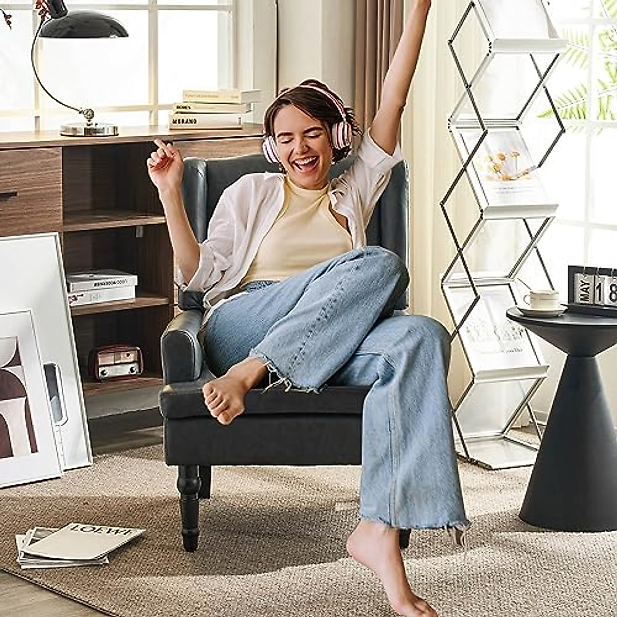 LOVSPATIO Faux Leather Accent Chair, Mid-Century Upholstered Living Room Chairs, Comfy Single Recliner Sofa with Arm and Wood Legs for Bedroom Waiting Room Office - Grey