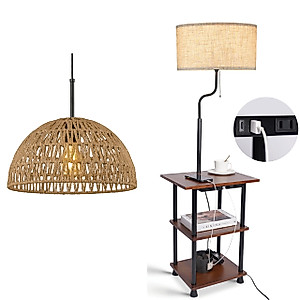 ELYONA Modern Boho Pendant Lights, Hand Woven Hanging Lamp with Dome Basket Shade & Rubber Wood Floor Lamp with Table for Farmhouse Kitchen Island Dining Room Living Room Hallway