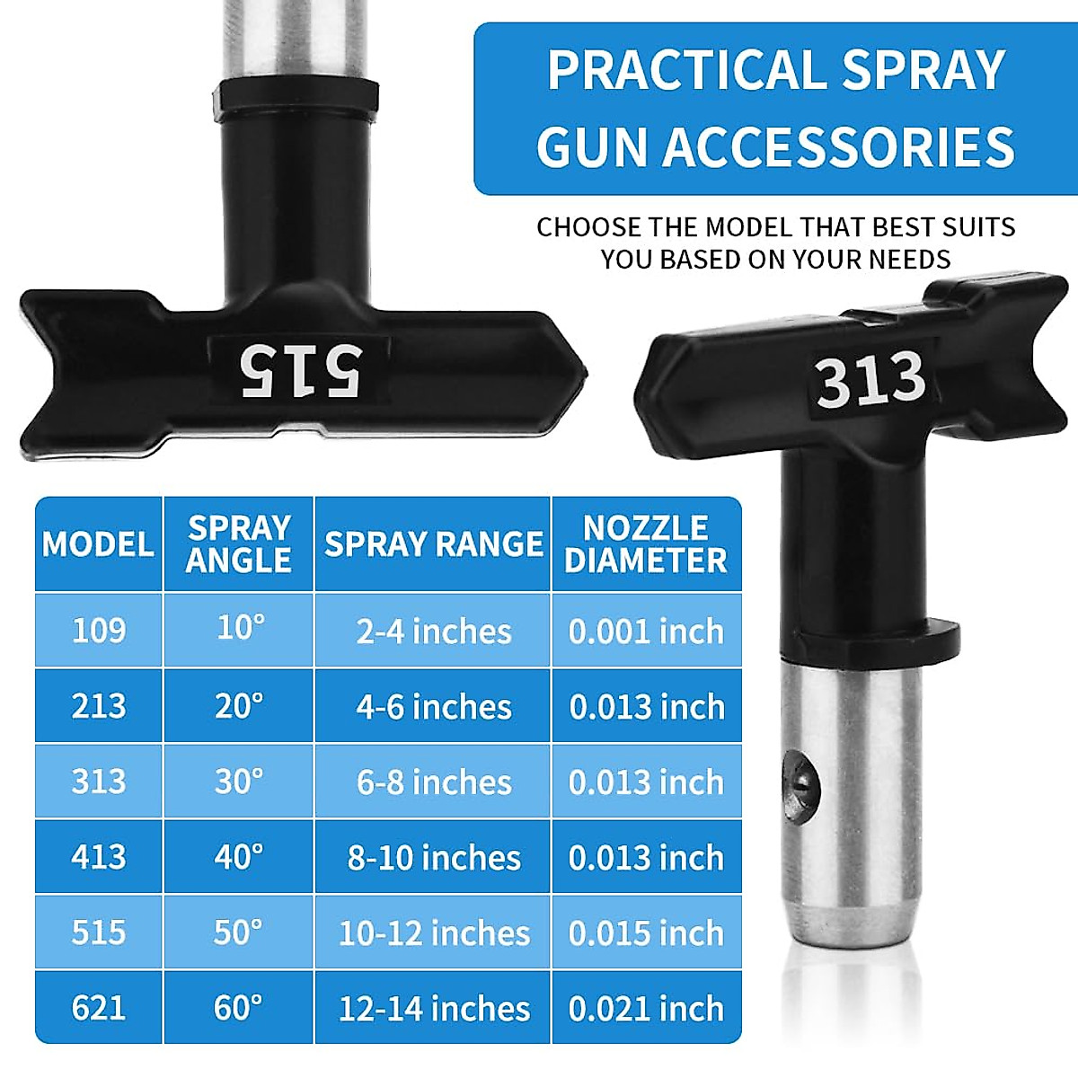 6Pcs Reversible Spray Nozzle Tips,Airless Spray Nozzles Tips,Airless Spray Gun Nozzle and Airless Spray Tip Organizer Model Making. (6PCS-109,213,313,413,515,623)