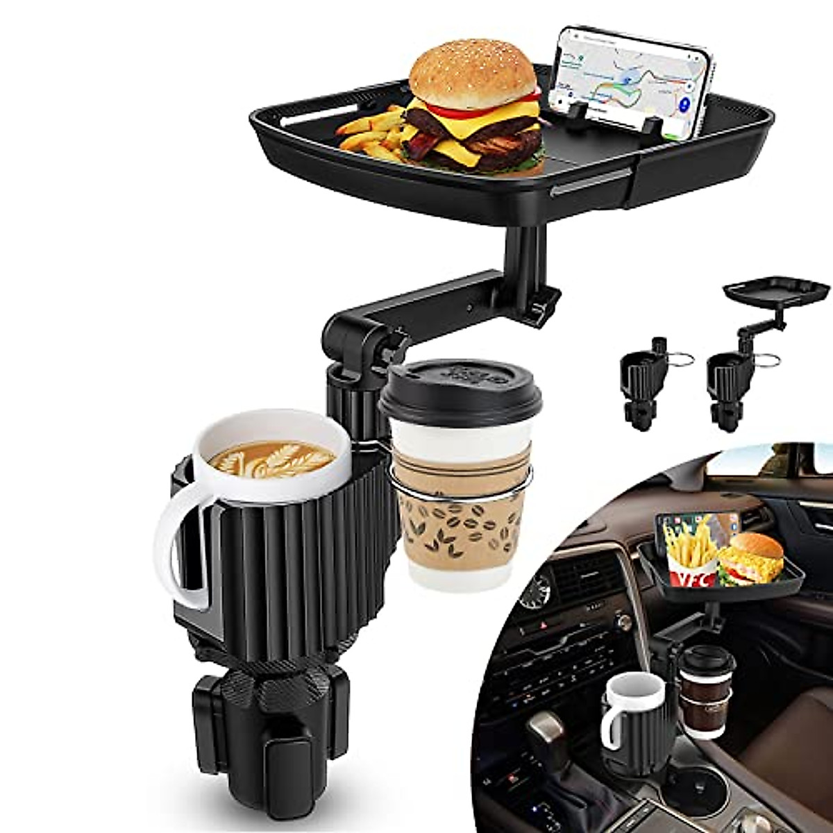Aiuuee 4 in 1 Cup Holder Tray for Car, Upgraded Car Cup Holder Expander with Tray, Dual Cup Holder, Phone Slot, Adjustable Swivel Arm & Base, Detachable Car Food Tray Table for Eating