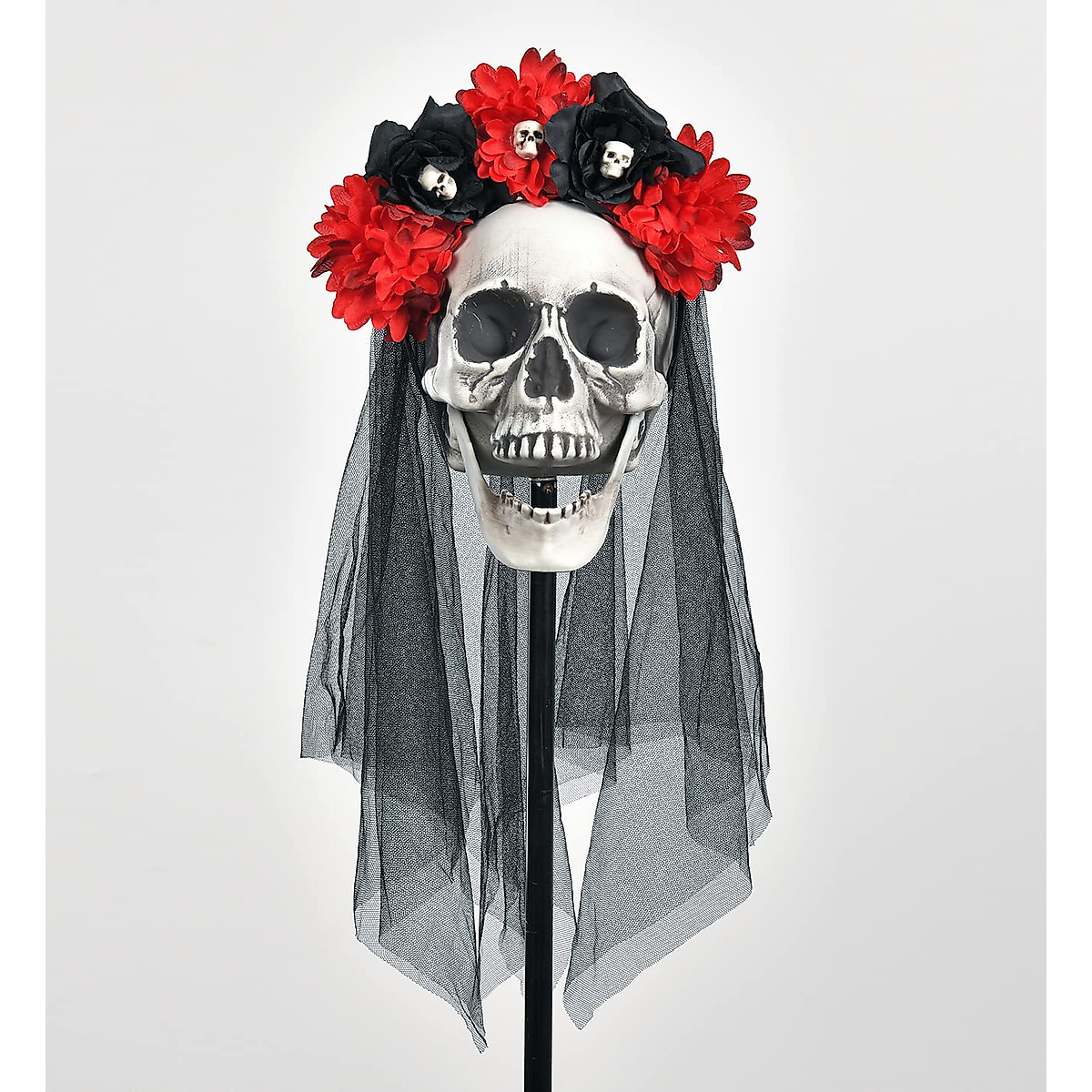 DreamLily Day of the dead Headpiece Red Rose skull Flower Crown Costume NC24 (Headband golves and earrings)