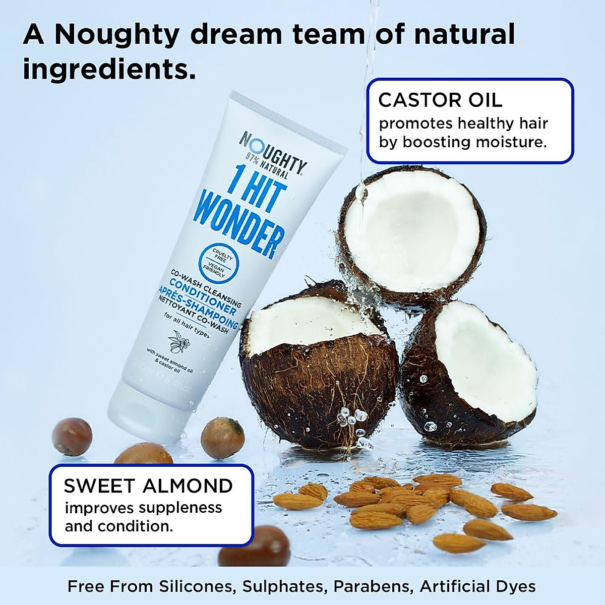 Noughty 97% Natural 1 Hit Wonder Co-Wash Non Foaming 2 in 1 Shampoo and Conditioner With Sweet Almond Oil and Castor Oil, Sulphate Free Vegan Haircare 250ml