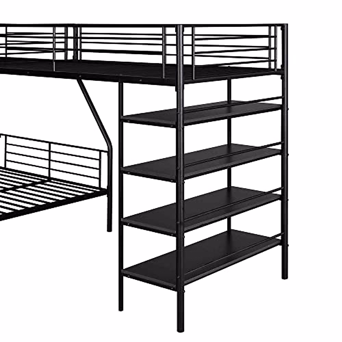 Cotoala L-Shaped Metal Twin Over Full Bunk Bed and Twin Size Loft Bed with 4 Shelves, Steel Bedroom Bedframe for Bedroom, Dorm, Adults, No Spring Box Required