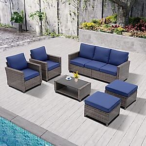 RoyalCraft 7 Piece Outdoor Patio Furniture Set, All-Weather Rattan Wicker Sectional Sofa Set with Glass Coffee Table, Outdoor Conversation Set for Balcony Backyard Porch, Blue Cushion