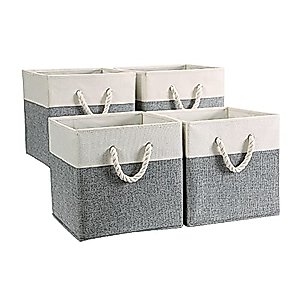 Onlycube Foldable Fabric Storage Bins 13x13x13 inch for Cube Organizer with Cotton Rope Handles, Collapsible Basket Box Organizer for Shelves and Closet, Beige/Grey, 4Pack