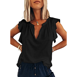 Dokotoo Ruffle Sleeve Tops for Women Summer Fashion Sexy V Neck Sleeveless Tank T-Shirt 2024 Ladies Casual Solid Color Ruffled Cap Sleeves Tunic Tee Shirts (Black, Large)