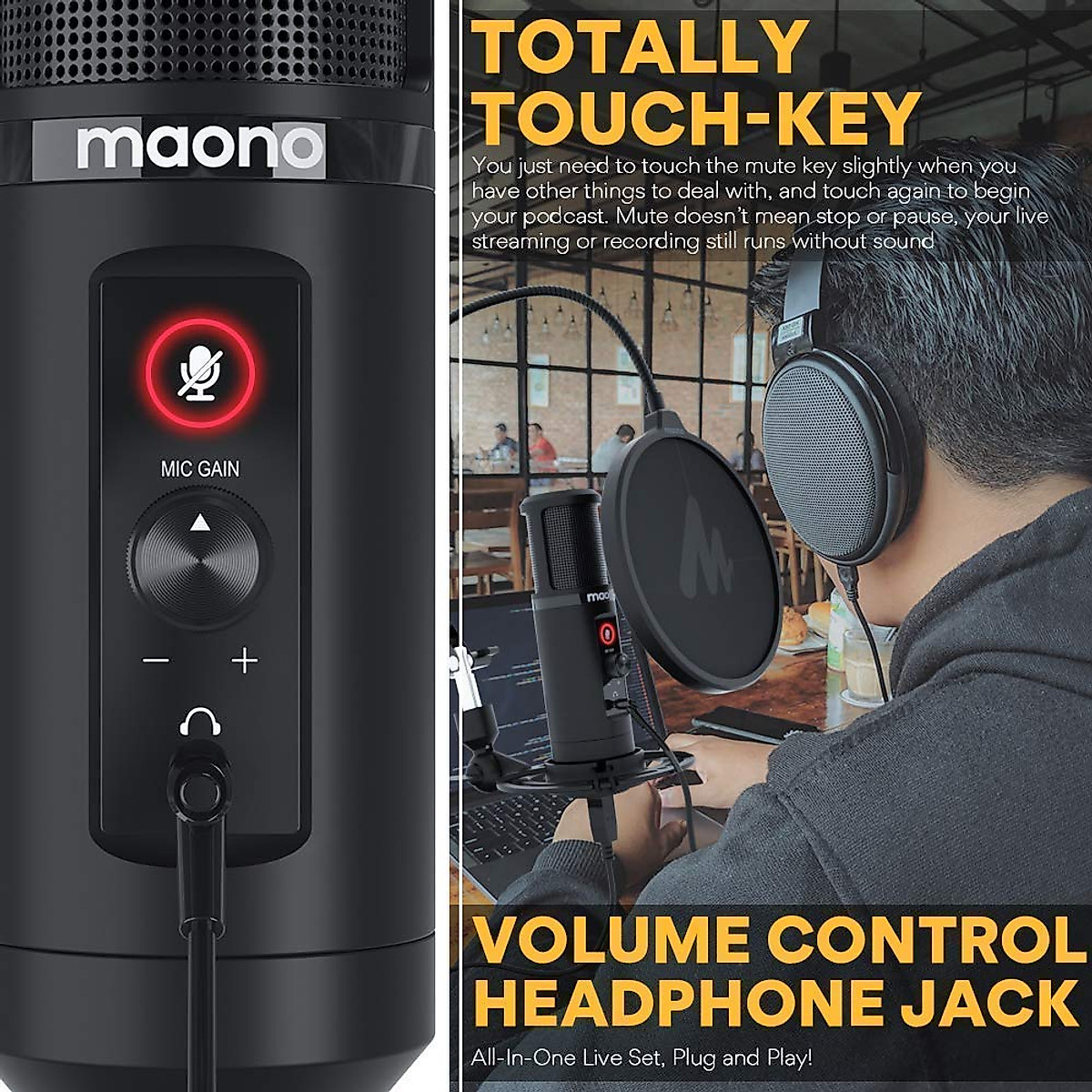 MAONO USB Microphone with Studio Monitor Headphones Bundle Plug and Play for Podcast, YouTube, Music, PM422, MH601