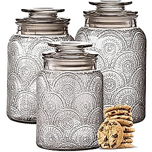 3pc Glass Canisters Set for Kitchen Counter with Airtight Lids - Retro Design - Pantry Organization Food Storage Containers for Cookies, Tea, Sugar, Candy Jars, Sugar Packet Holders, Great gift.