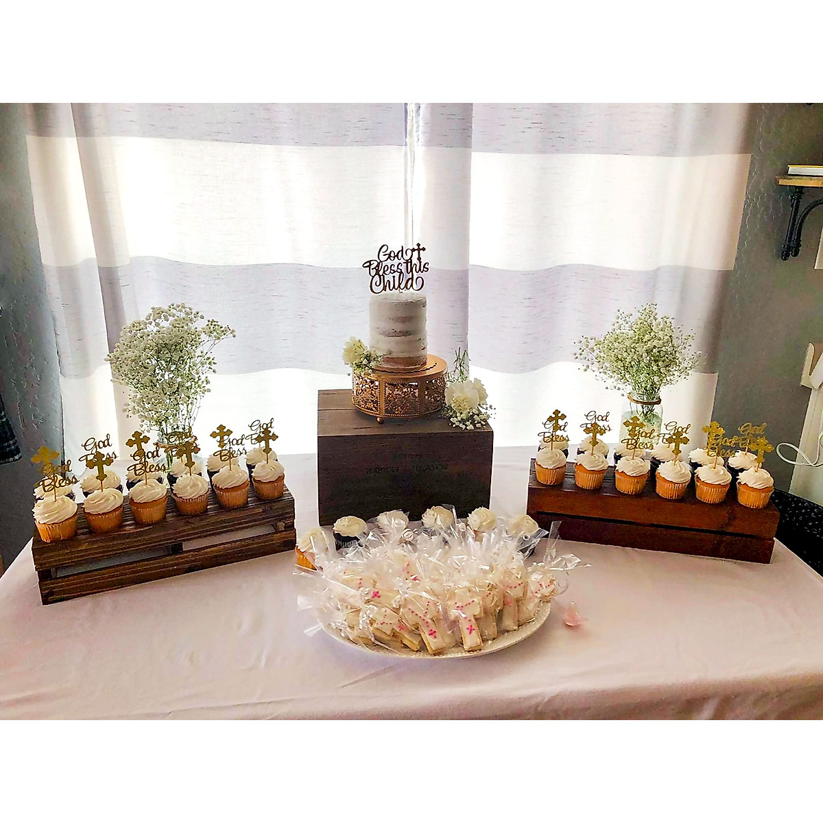 JeVenis 25 PCS Glittery Gold Bless this Child Cake Topper Baptism Cupcake Toppers Cross Cupcake Topper Baptism Cake Topper Cross Cake Decoration Baptism Party Decorations