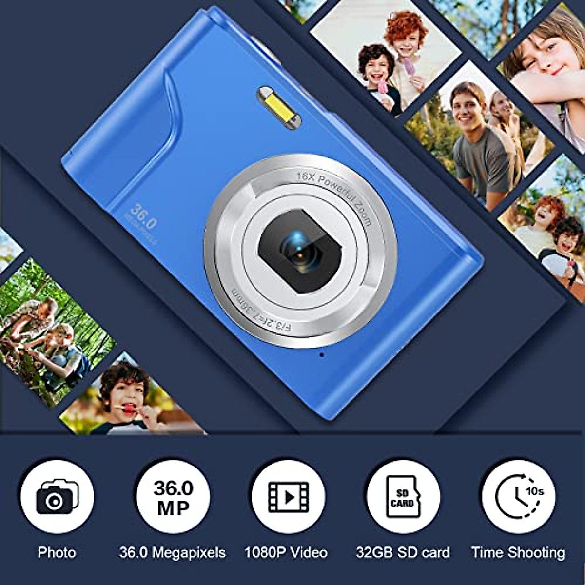 Digital Camera for Kids Boys and Girls - 36MP Children's Camera with 32GB SD Card，Full HD 1080P Rechargeable Electronic Mini Camera for Students, Teens, Kids(Light Blue)