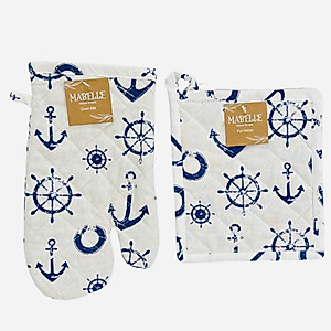 Summer Kitchen Dish Towel Set: Fun Nautical Anchor Captains Wheel Design, Set of 2 (Nautical)