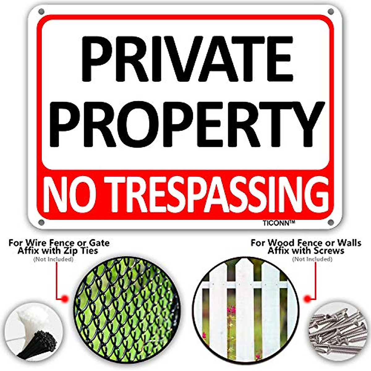 TICONN 4-Pack Private Property Sign, No Trespassing Aluminum Warning Sign, 7’’x10’’ for Security Alert, Reflective, UV Protected & Waterproof