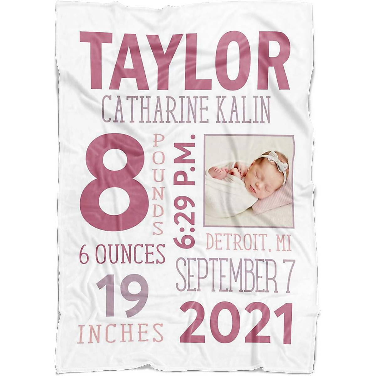 Yeh Gift Personalized Baby Photo Newborn Blanket with Birth Information for Girls & Boys. Customized Blanket from Baby's Name, Date, Weight for New Born, Dad Mom Grandparents (Pink)