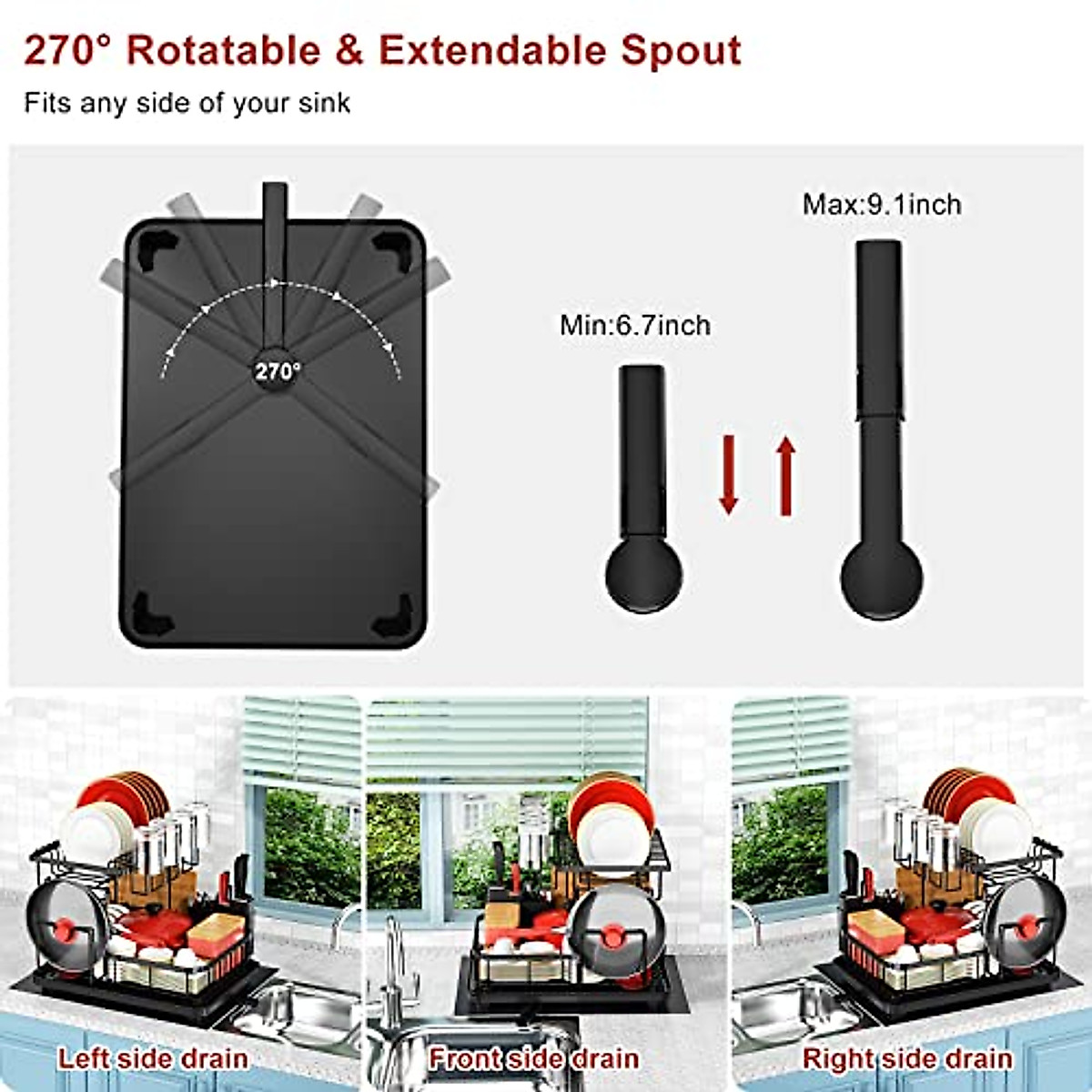 Cibert Dish Drying Rack with Drainboard Set, 2 Tier Dish Racks for Kitchen Counter, Black Dish Drainer Set, Kitchen Dish Drying Rack with Dish Drying Mat, Large Dish Drainer Rack with Utensil Holder