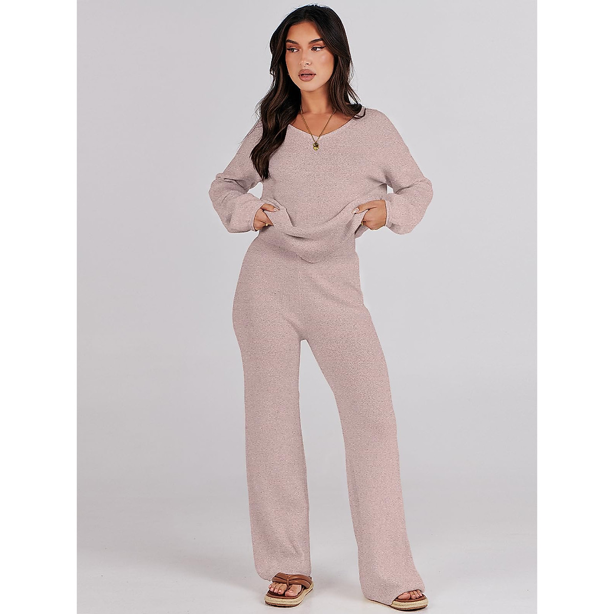 ANRABESS Women 2 Piece Outfits Sweater Lounge Sets Long Sleeve Cable Knit Pullover and Wide Leg Pants Tracksuit Matching Set Large