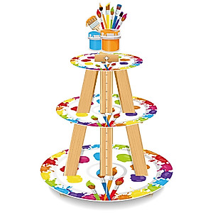 Mumufy 3 Tier Art Paint Party Cupcake Stand Decorations Artist Multicolor Party Cupcake Holder Paint Party Cupcake Dessert Holder for Art Painter Party Paintbrush Birthday Party Baby Shower Supplies
