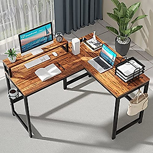 GreenForest L Shaped Desk with Power Outlets, 50.4 Inches Reversible Small Corner Computer Desk with Monitor Stand, Home Office Gaming Desk with Headphone Hook, Cup Holder, Walnut