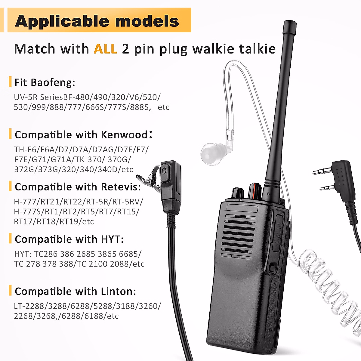 20 Pack Walkie Talkies Earpiece with Mic Radio 2 Pin Acoustic Tube Headset Earpiece Compatible with Baofeng UV-5R Retevis H-777 RT1 RT21 RT22 Arcshell AR-5 2 Way Radio