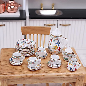 15 Pack Miniature Ceramic Doll Tea Set Dollhouse Tea Cup Set Decoration Accessories for Scale 1:12 Dollhouse Craft (Flowers)