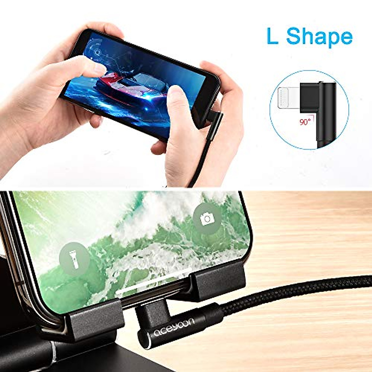 aceyoon 2 Pack MFi Certified Lightning Charger, 1ft Right Angle Lightning Cable Braided Dual L Shape iPad Charger Fast Charger USB Cable Compatible with iPhone 11/11 Pro/XS Max/XR/X/8/7/6, iPad