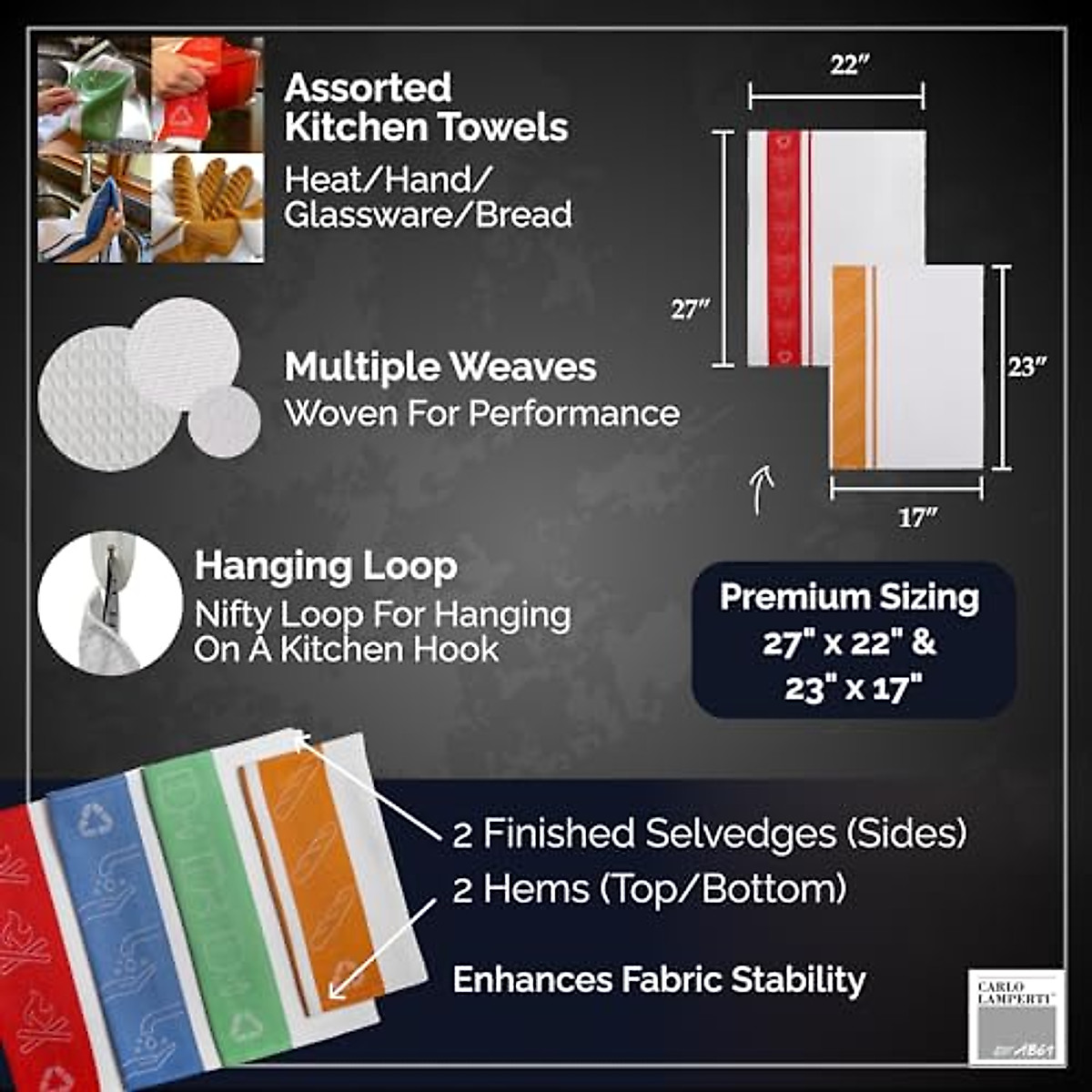 Premium Multi Purpose Kitchen Towels by Carlo Lamperti Italy (4 Pack) Restaurant-Grade Absorbent Terry-Tea Kitchen Towels Machine Washable Eco-Friendly Recycled Cotton Poly Durable Hanging Loop Asst