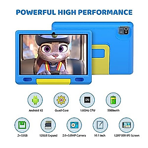 Cheerjoy Kids Tablet 10 inch, Android 12 Tablet for Kids with Parent Control, Kidoz Pre-Installed, 2GB+32GB, 6000mAh Dual Camera WiFi Bluetooth Tablet, Children Tablet with Shock-Proof Case (Blue)