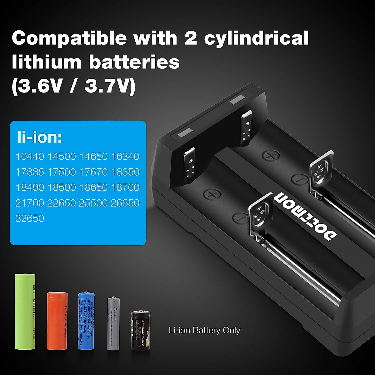 Dottmon 18650 Battery Charger 2 Slot 18650 16340 16650 17650 17670 18350 18490 18500 20700 21700 26650 3.6V/3.7V Li-ion Rechargeable Battery USB Charger