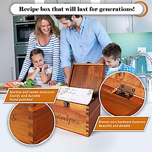Acacia Recipe Box with 50 Blank Recipe Cards and 24 Dividers | Wooden Recipe Box with Divider Tabs, 2 Compartment | Wood Recipe Box with Double Sided 4 x 6 Recipe Cards and Box Set