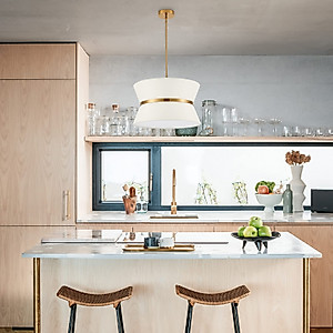 ELYCCUPA Modern Chandelier with Off-White Fabric Shade and Brass Finished Adjustable Pendant Light for Kitchen Island Living Room Bedroom Hallway, E26, Dia 18 Inch, UL Listed