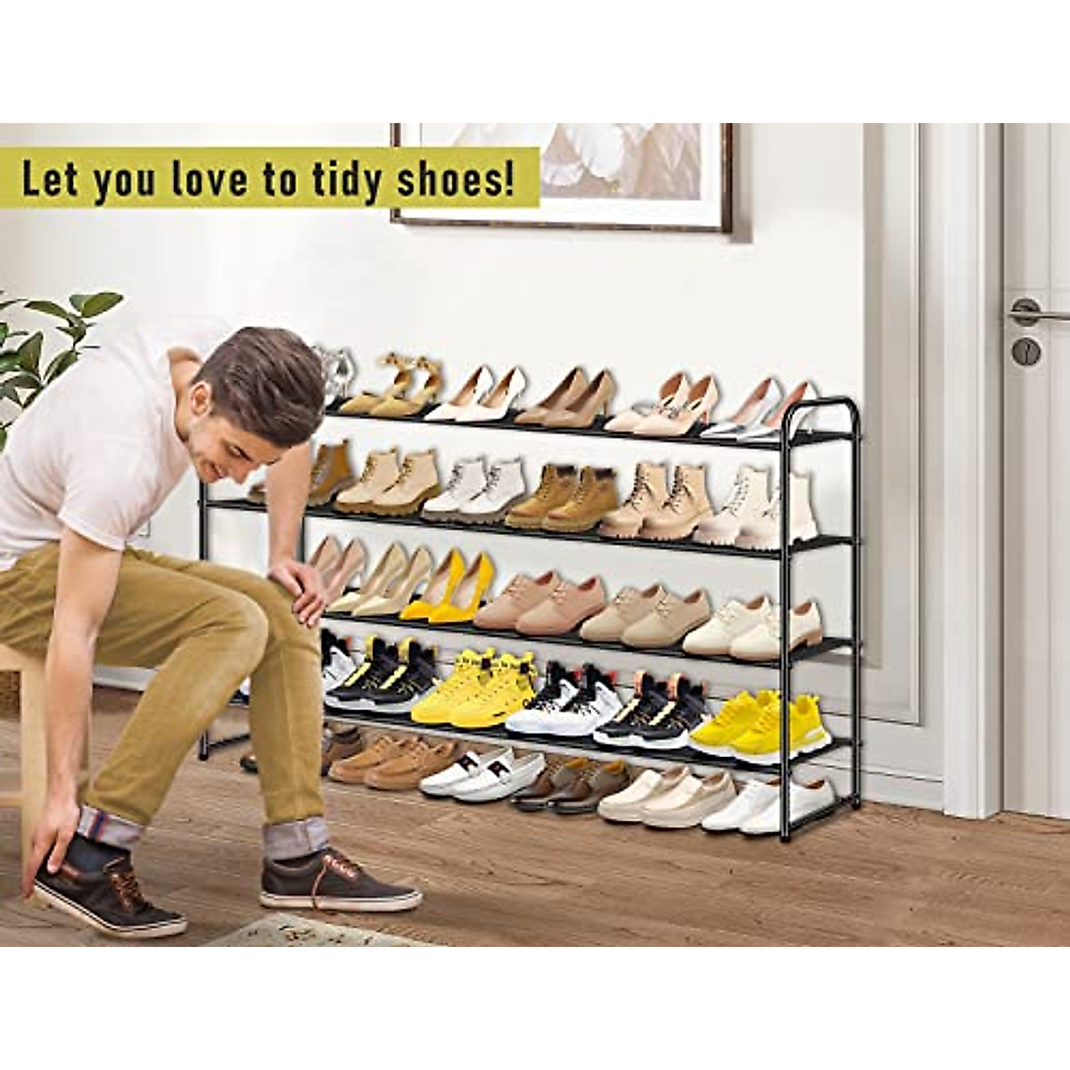 MISSLO 4 Tier Long Shoe Organizer for Closet Shoe Rack for Bedroom Closet Floor Shoe Shelf for Entryway Storage Stackable Wide Shoe Shelf Stores 30 Pairs of Men Sneakers, Black