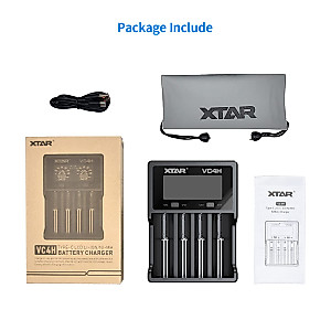 XTAR VC4H Battery Charger Smart LCD Display Universal Battery Charger 4 Slots Fast Charging for Rechargeable Batteries 3.6V/3.7V Li-ion18650 20700 21700 26650,1.2V Ni-MH/Ni-CD AAAA AAA AA Batteries