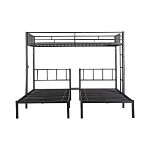 Eafurn Twin Over Twin & Twin Metal Triple Bunk Beds, L-Shaped Bunk Bed for 3 Kids Teens Adults with Built-in Ladder and Full-Length Guardrails, Noise-Free Metal Triple Bunk Bed