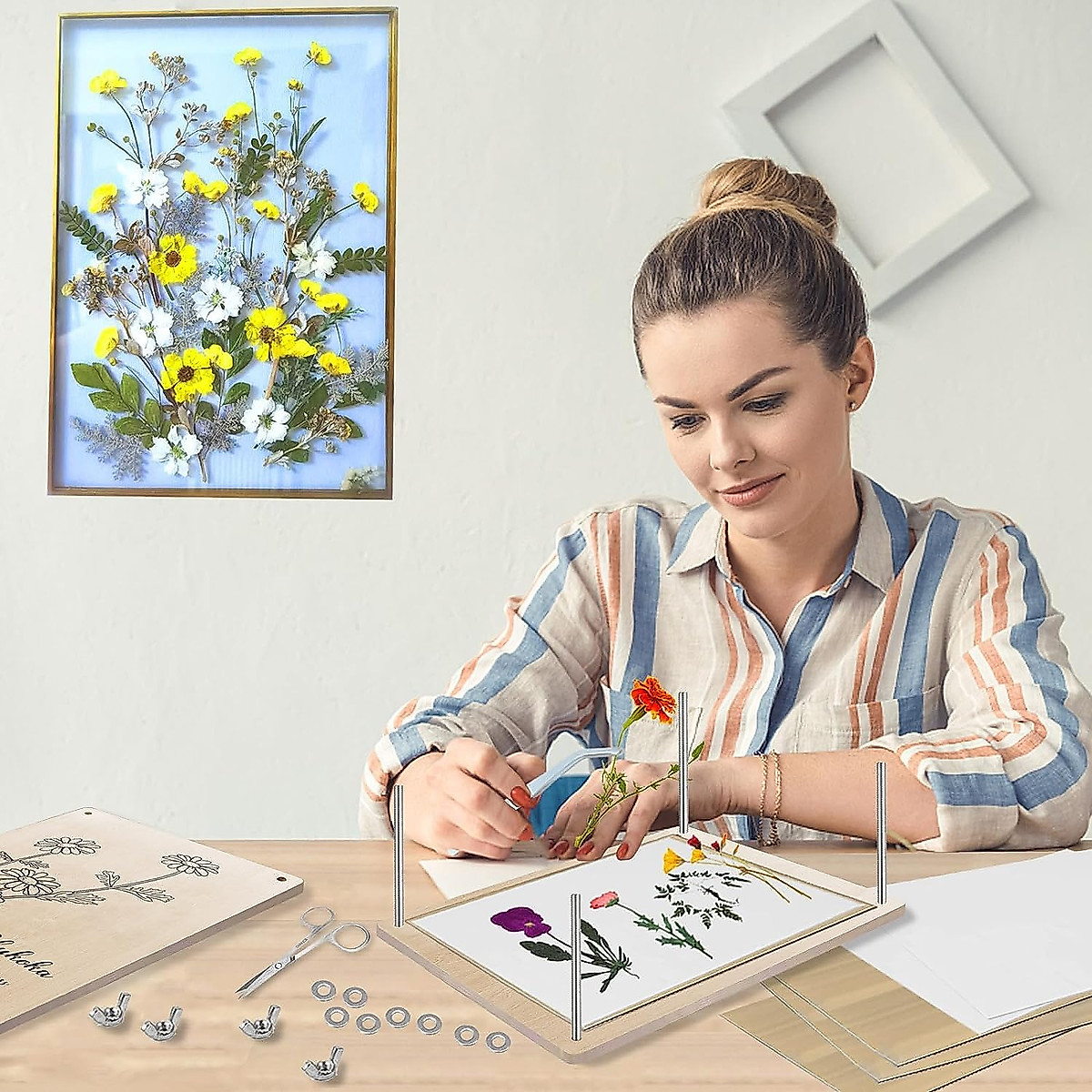 Rhykoka Large Flower Press Kit for Adults, 10 Layers 11.8 x 8.3 Inches DIY Wood Flower Leaf Plant Press Kit Flower Pressing Kit, Great Gift for DIY Arts and Crafts Lovers (Light Beige)