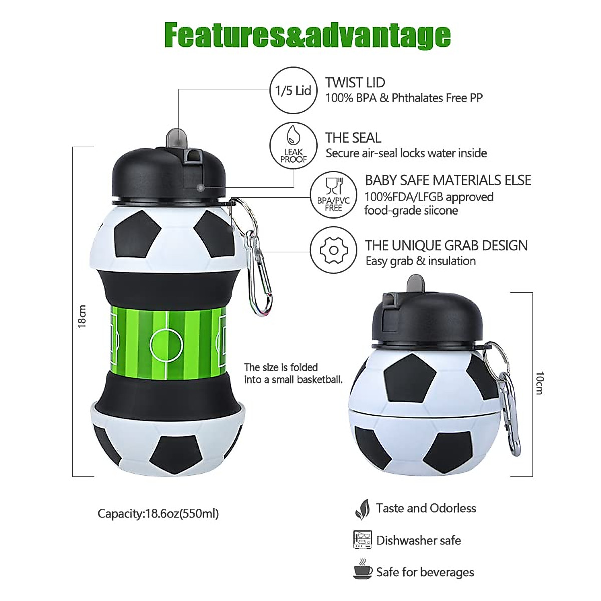 Louis Donné 12.4 x 10.3 x 9.7 cm folding silicon Soccer Water Bottle 100 percent food grade Collapsible Soccer Toddler Water Bottle with Carabiner for School outdoor Birthday Gifts for Boys and Girls