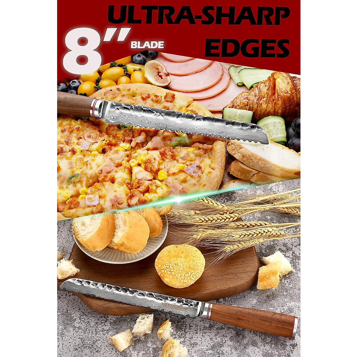 YOUSUNLONG Bread Knives 8 inch Serrated bread knife - Japanese Damascus Steel Natural Walnut Wood Handle - Cut bread, baguette, butter