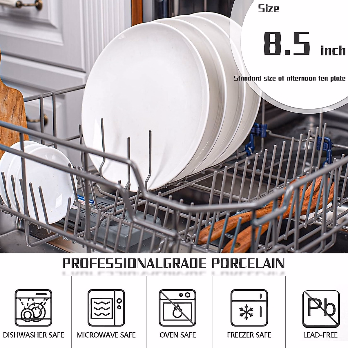 Ygmackin Amazon 8-Piece White Dinner Plates Set, Triple Layer Glass and Chip Resistant, Lightweight Round Plates,Dessert Plate, Dinnerware Set, Winter Frost White, 8.5 inches