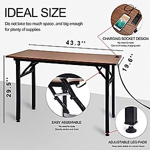 Frylr Folding Computer Desk with Plugs & USB Ports, Home Office Desks Foldable 43.3x19.6x29.5 Inch Study Table for Student Writing Desk for PC/Laptop, No Installation, Walnut + Black Leg