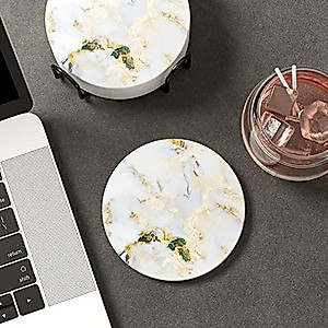 Nipichsha Coasters for Drinks, Set of 6 Marble Absorbent Ceramic Coasters with Holder and Cork Base, Cute Stone Drink Coasters for Cup Kitchen Home Decor Housewarming Gift, Round 4", White Gray Gold