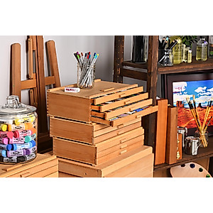 Creative Mark Pastel Storage Box, 4 Drawer Wood Art Box with Foam Lining, Sturdy & Stackable for Pastels, Artist Tools, Pens, Pencils, Paintbrushes & Makeup Brushes, Natural Finish