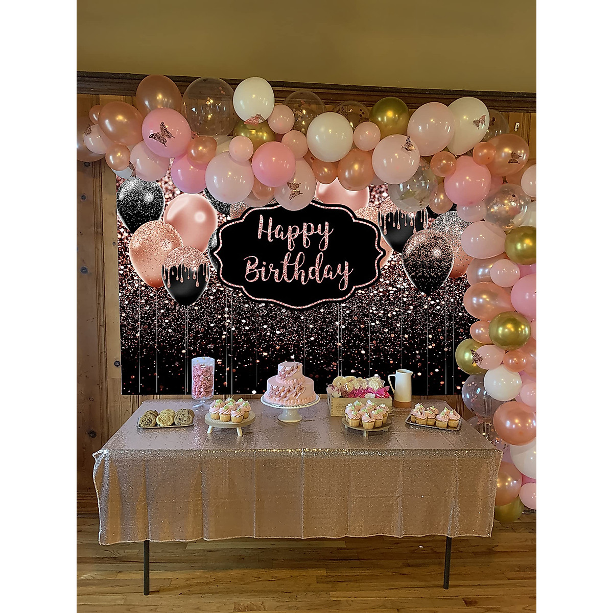 Pink Rose Gold Birthday Backdrop for Women Girls 18th 20th 30th 40th 50th 60th 70th Happy Birthday Background Black and Pink Glitter Balloon Birthday Party Photo Backdrop Banner 8x6ft