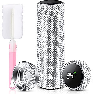 Sieral Bling Stainless Steel Water Bottle LED Temperature Display Smart Rhinestone Vacuum Diamond Water Bottle Glitter Bottles Diamond Vacuum Flask Mug Gift Kids Women,17 oz White 23cm/9.06''