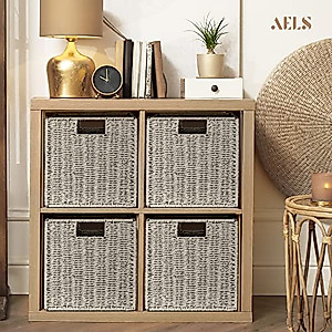 AELS Woven Baskets for Storage, Natural Hand-woven Storage Baskets for Organizing, Cubby Cubes Storage Bins for Shelves, 11" Modern Farmhouse Square Storage Cubes with Handles, Dark Gray, 4 Pack