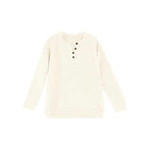 rrhss Girls Waffle Knit Sweaters Trendy Henley Button V Neck Long Sleeve Pullover Jumper Tops Off-White