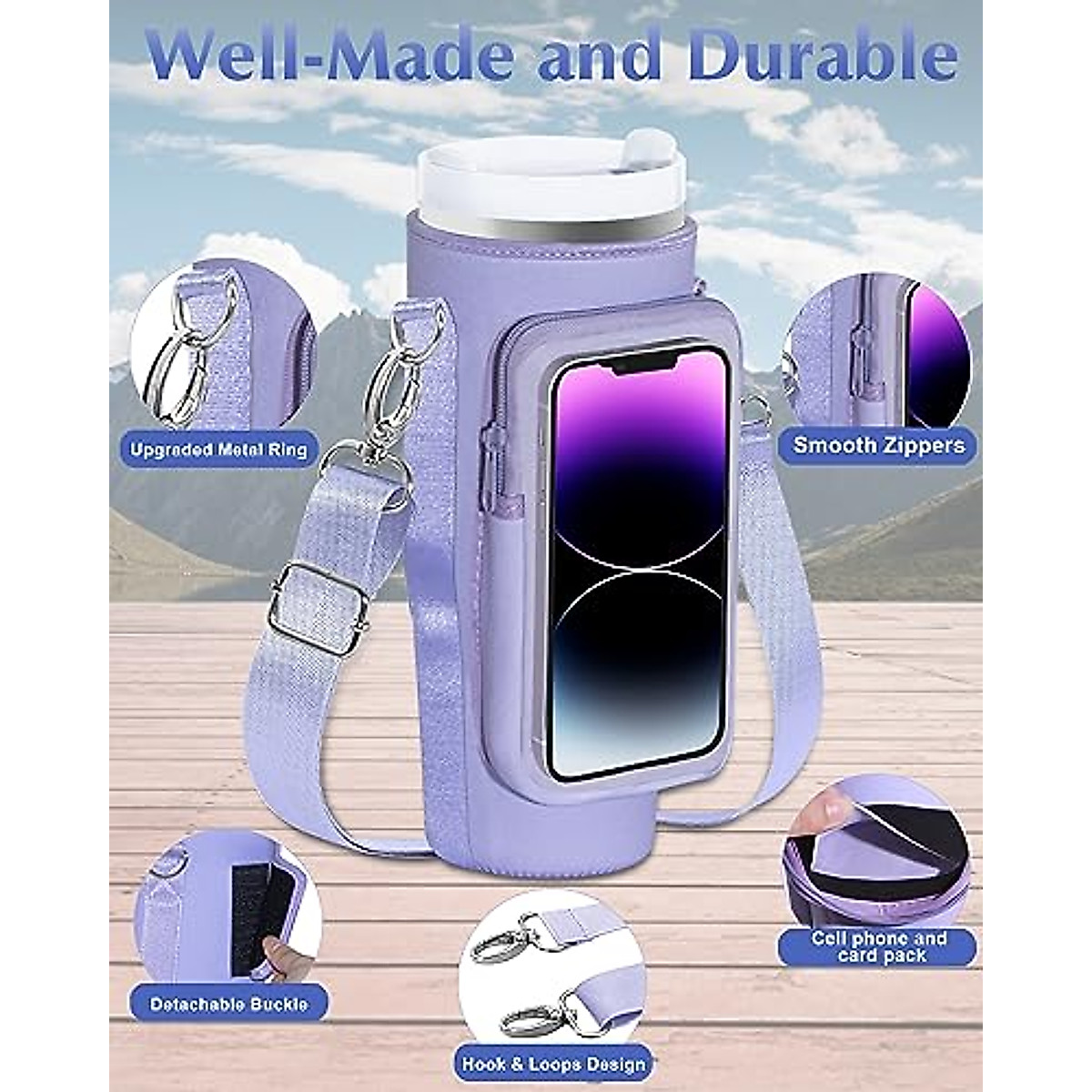 OriJoy Water Bottle Carrier Holder Pouch with Phone Pocket for Stanley Quencher H2.0 & Adventure 40 oz Tumbler, Protector Sleeve with Strap