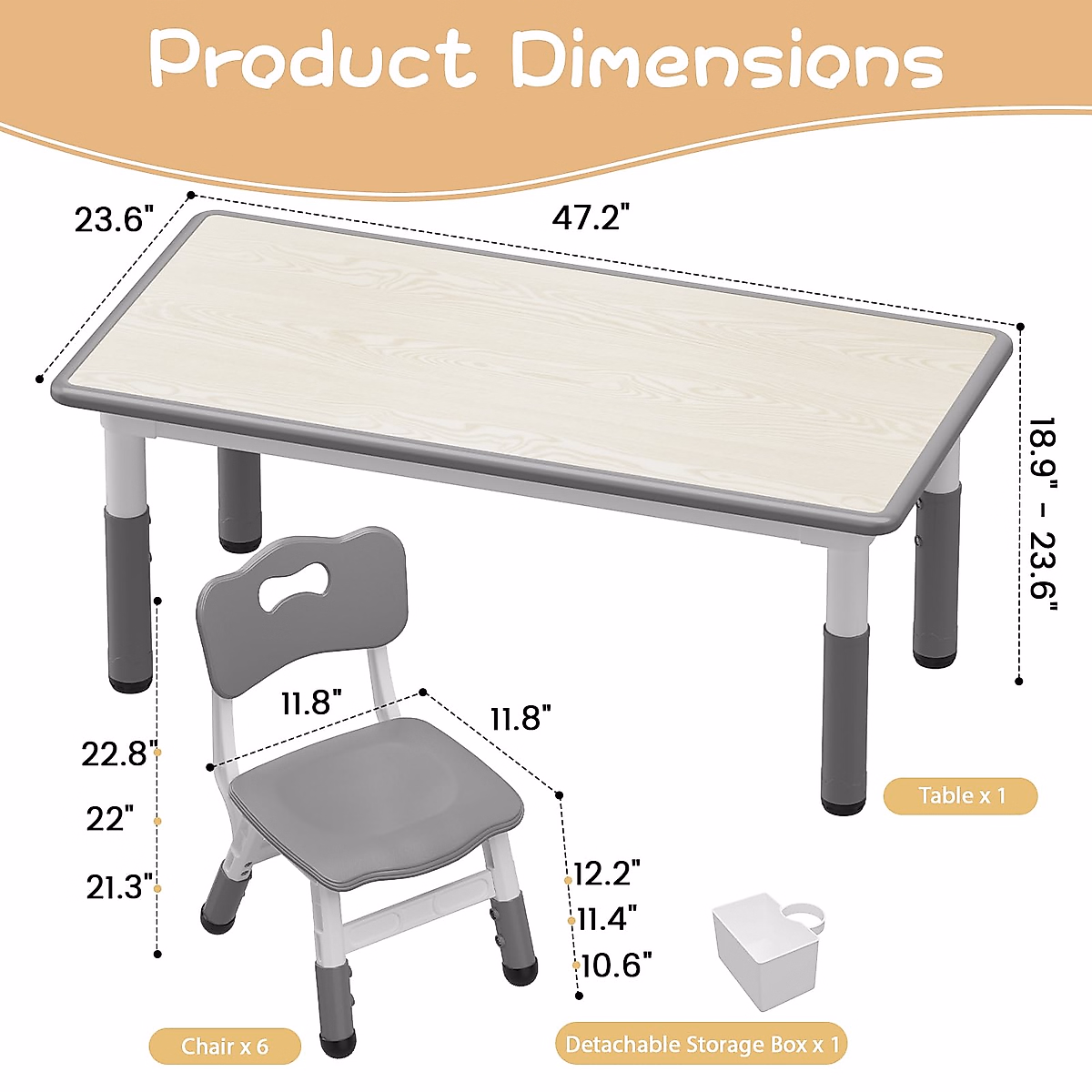 GAOMON Kids Table and 6 Chairs Set with Storage Box, Height Adjustable Toddler Table and Chair Set for Ages 2-10, Graffiti Desktop, Non-Slip Legs, Children Activity Table for Daycare Classroom Home