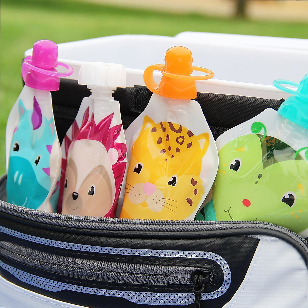 ChooMee Reusable Baby Food Storage Pouches 4 CT, 5 oz + SoftSip Food Pouch Tops 2 CT | Ideal for Baby food, Smoothies and Purees | Double Lock Zipper, Wide Bottom, BPA Free | SnakPack FreshSquad
