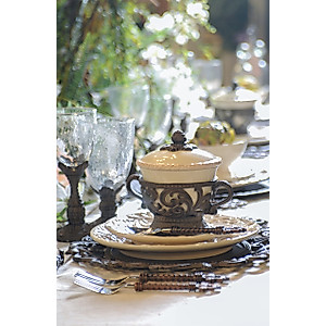 GG Collection Cream Ceramic Bowl and Lid with Detailed Ornate Acanthus Leaf Motif Base