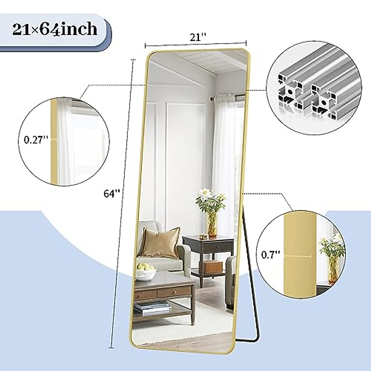 BEAUTYPEAK Gold Full Length Mirror, 64"x21" Rounded Corner Floor Mirror Standing Hanging or Leaning Against Wall, Suitable for Bedroom or Dressing Room